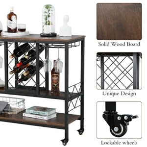 AVAWING Wine Rack Table, Industrial Metal Home Bar & Serving Carts Coffee Bar Cabinet with Lockable Wheels, Storage and Glass Holder for Living Room, Kitchen (Brown)