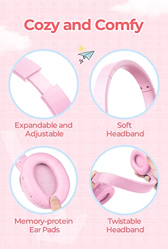 E5 Kids Wireless Headphones with Microphone, Bluetooth 5.0 Over Ear Wireless Kids Headphones with Volume Control 85dB/93dB, 40H Playtime,Sharing Function,for School/iPad/Tablet/Boys/Girls (Pink)