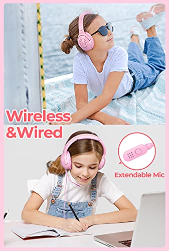 E5 Kids Wireless Headphones with Microphone, Bluetooth 5.0 Over Ear Wireless Kids Headphones with Volume Control 85dB/93dB, 40H Playtime,Sharing Function,for School/iPad/Tablet/Boys/Girls (Pink)