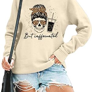 MOUSYA Halloween Skeleton Sweatshirt Women Skull Shirt Funny Coffee Skeleton Hoodie Fall Long Sleeve Pullover Tops