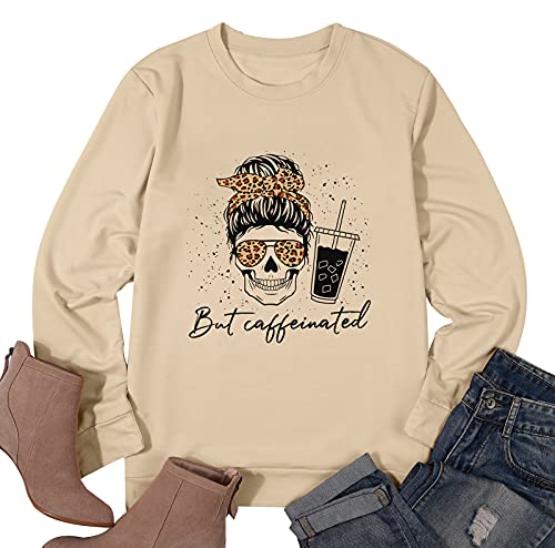 MOUSYA Halloween Skeleton Sweatshirt Women Skull Shirt Funny Coffee Skeleton Hoodie Fall Long Sleeve Pullover Tops