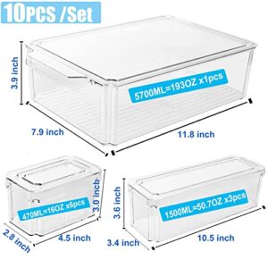 Yipaga Refrigerator Organizer Bins with Lids-10PCS BPA Free Fridge Organizer, Stackable Clear Plastic Storage Bins for Fridge, Freezer, Kitchen Cabinet, Pantry Organization and Storage