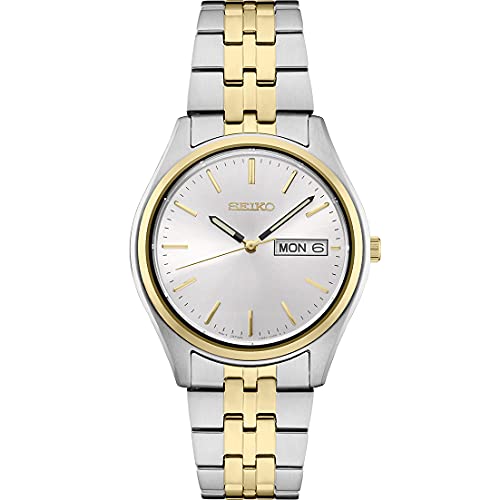 SEIKO SUR430 Watch for Men - Essentials Collection - with White Sunray Dial, Day/Date Calendar, Two-Tone Stainless Steel Case/Bracelet, Gold Hands and Markers, and 100m Water-Resistant