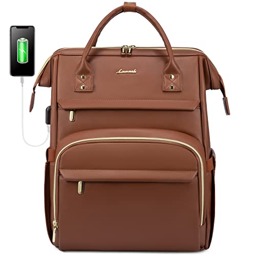 LOVEVOOK Leather Laptop Backpack for Women 15.6 inch,Travel Backpack Purse Nurse Teacher Backpack Computer Laptop Bag,Professional College Business Work Bags Carry On Backpack with USB Port,Brown