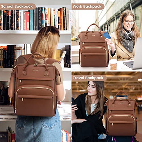 LOVEVOOK Leather Laptop Backpack for Women 15.6 inch,Travel Backpack Purse Nurse Teacher Backpack Computer Laptop Bag,Professional College Business Work Bags Carry On Backpack with USB Port,Brown