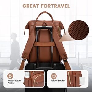 LOVEVOOK Leather Laptop Backpack for Women 15.6 inch,Travel Backpack Purse Nurse Teacher Backpack Computer Laptop Bag,Professional College Business Work Bags Carry On Backpack with USB Port,Brown