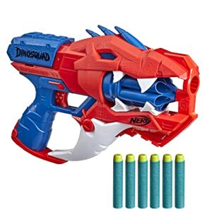 nerf dinosquad raptor-slash dart blaster, 6-dart rotating drum, slam fire action, 6 official elite darts, velociraptor dinosaur design