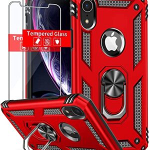 SunStory Compatible for iPhone XR Case with Tempered Glass Screen Protector,iPhone XR Phone Case with Magnetic Ring Kickstand for iPhone XR 2018 (Red, iPhone XR)