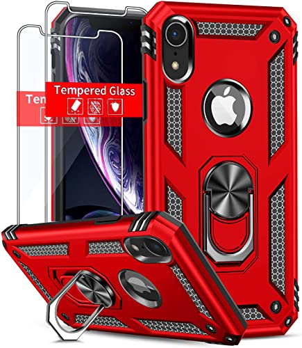 SunStory Compatible for iPhone XR Case with Tempered Glass Screen Protector,iPhone XR Phone Case with Magnetic Ring Kickstand for iPhone XR 2018 (Red, iPhone XR)