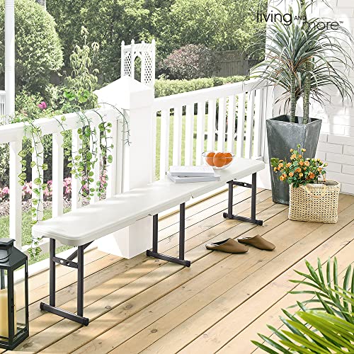 Living and More 6 Foot Fold-in-Half Bench with Carrying Handle, Easy Folding and Transport, Indoor/Outdoor Use, Sturdy Steel Frame, White