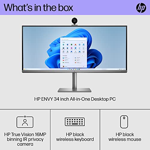 HP Envy 34” All-in-One Desktop, NVIDIA GeForce GTX 1650, 11th Gen Intel Core i7-11700 Processor, 32 GB RAM, 512 GB SSD, WUHD IPS Display, Windows 11 Home, Detachable Magnetic Camera (34-c0010, 2021)