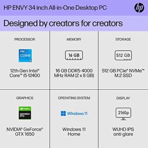 HP Envy 34” All-in-One Desktop, NVIDIA GeForce GTX 1650, 11th Gen Intel Core i7-11700 Processor, 32 GB RAM, 512 GB SSD, WUHD IPS Display, Windows 11 Home, Detachable Magnetic Camera (34-c0010, 2021)