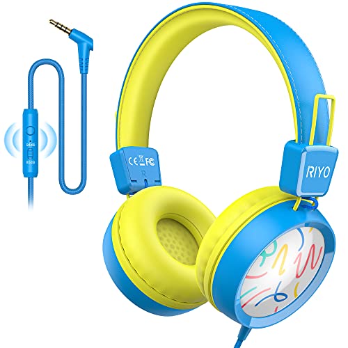 RIYO Kids Headphones with Microphone Wired On-Ear Headphones with 85dB/94dB Volume Limited 3.5mm Jack Foldable Stereo Headphones for Kids/School/Travel/Cellphones/Tablets/Kindle (Blue)