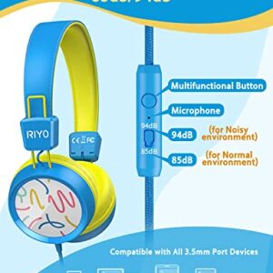 RIYO Kids Headphones with Microphone Wired On-Ear Headphones with 85dB/94dB Volume Limited 3.5mm Jack Foldable Stereo Headphones for Kids/School/Travel/Cellphones/Tablets/Kindle (Blue)