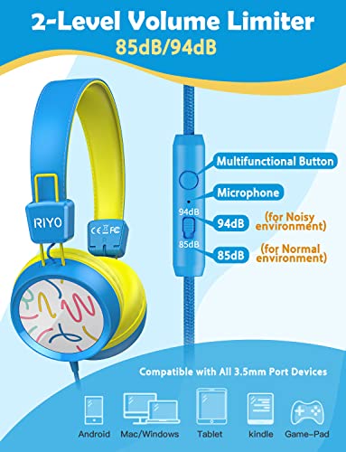 RIYO Kids Headphones with Microphone Wired On-Ear Headphones with 85dB/94dB Volume Limited 3.5mm Jack Foldable Stereo Headphones for Kids/School/Travel/Cellphones/Tablets/Kindle (Blue)