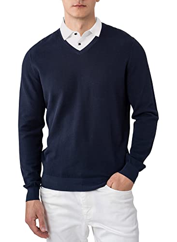 Mens V Neck Sweater Cotton Long Sleeve Pullover Knit Shirt Lightweight Casual Slim Fit Basic Tops,Navy M