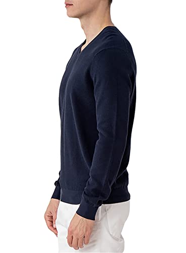 Mens V Neck Sweater Cotton Long Sleeve Pullover Knit Shirt Lightweight Casual Slim Fit Basic Tops,Navy M