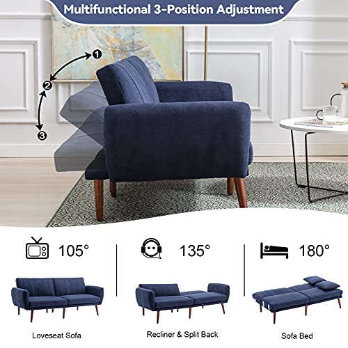 Vicluke Convertible Futon Sofa Bed, Modern Upholstered Split-Back Foldable Sleeper Sofa Couches Furniture w/Adjustable Backrest, Armrest, Wooden Frame & Leg for Living Room,Apartment,Christmas(Blue)