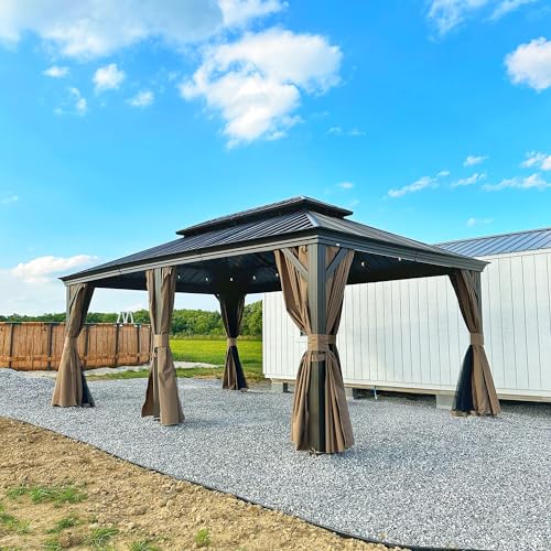 12' x 20' Hardtop Gazebo Outdoor Aluminum Gazebos with Galvanized Steel Double Canopy for Patios Deck Backyard,with Curtains&Netting by domi outdoor living Brown