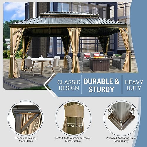 12' x 20' Hardtop Gazebo Outdoor Aluminum Gazebos with Galvanized Steel Double Canopy for Patios Deck Backyard,with Curtains&Netting by domi outdoor living Brown