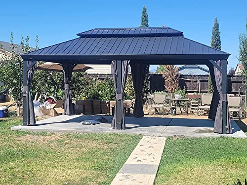 12' x 20' Hardtop Gazebo Outdoor Aluminum Gazebos with Galvanized Steel Double Canopy for Patios Deck Backyard,with Curtains&Netting by domi outdoor living Brown