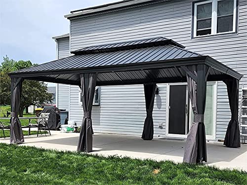 12' x 20' Hardtop Gazebo Outdoor Aluminum Gazebos with Galvanized Steel Double Canopy for Patios Deck Backyard,with Curtains&Netting by domi outdoor living Brown