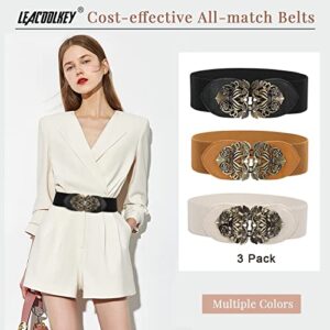 LEACOOLKEY 3 Pack Women Vintage Wide Waist Belt for Dress, Elastic Cinch Belt with Retro Interlocking Brass Buckle