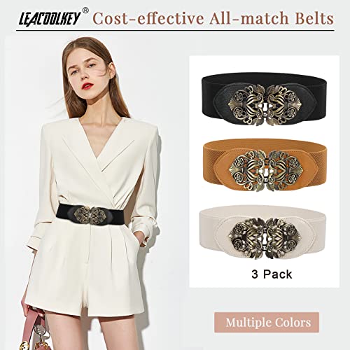 LEACOOLKEY 3 Pack Women Vintage Wide Waist Belt for Dress, Elastic Cinch Belt with Retro Interlocking Brass Buckle