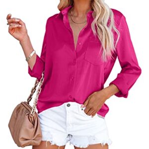 OMSJ Women's Button Down Shirts Satin V Neck Long Sleeve Casual Work Blouse Tops with Pocket (1173L, Rose Red)