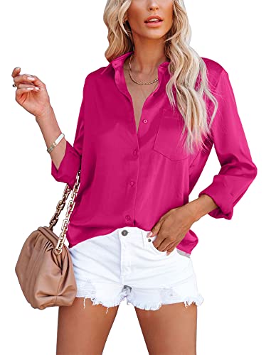 OMSJ Women's Button Down Shirts Satin V Neck Long Sleeve Casual Work Blouse Tops with Pocket (1173L, Rose Red)