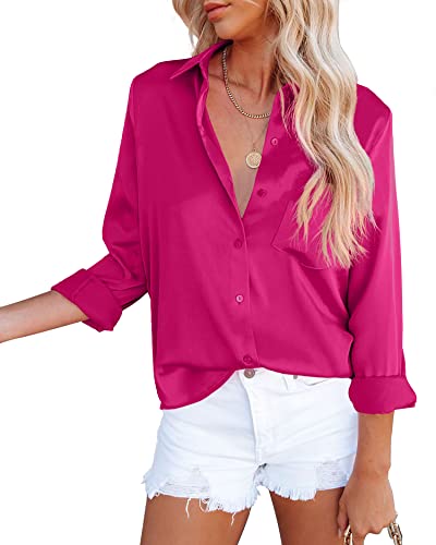 OMSJ Women's Button Down Shirts Satin V Neck Long Sleeve Casual Work Blouse Tops with Pocket (1173L, Rose Red)