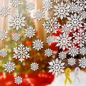 46pcs plastic snowflake ornament christmas glitter snowflake hanging christmas tree decorations with silver rope for winter decorations tree window door accessories (white)