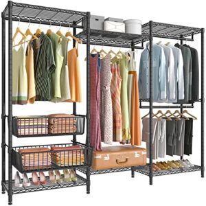 vipek v10 wire garment rack 5 tiers heavy duty clothes rack with hanging rods, wire shelves & 2 slid storage baskets, large size clothing rack 85.4" w x 15.7" d x 76.4" h, max load 800 lbs, black