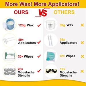 120g Wax Nose Wax Kit, Nose Hair Wax, Nose Wax with 40 Applicators and 20 Wipes, Quick and Painless Nose Hair Waxing Kit for Men and Women, Nose Hair Remover Wax Kits Used 20~25 Times Usage