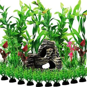 fish tank accessories aquarium decorations rock plants, 20pcs green fish tank decorations plants and cave rock decoration decor set, fish tank decor, aquarium decor plastic plants