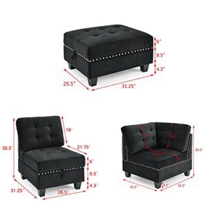 Melpomene U Shape Sectional Sofa DIY Sofa Combination，Includes Two Single Chair ，Two Corner and Two Ottoman(Black, Velvet+Two Single Chair)