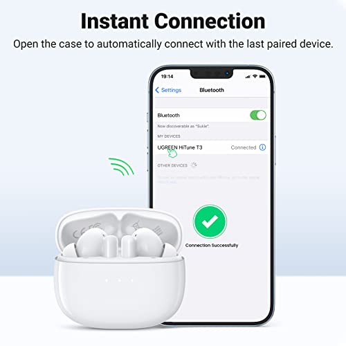 UGREEN HiTune T3 Active Noise Cancelling Wireless Earbuds Bluetooth 5.2, AI-Enhanced Clear Calls Bluetooth Earbuds with mic, Transparency Mode, 10mm Drivers with Bass Boost, HiFi Sound,Fast Pair-White