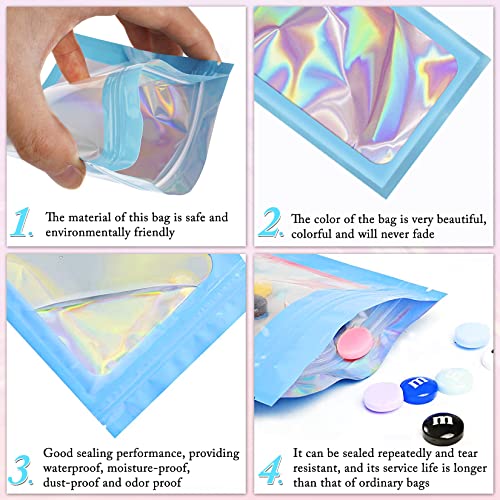 100 Pack Holographic Bags,Smell Proof Packaging Bags, Clear Window Resealable Odor Foil Pouch Mylar Bags for Food Storage and Lipgloss, Jewelry Lash (Blue, 2.4 x 3.9 Inch)