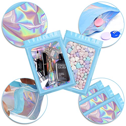 100 Pack Holographic Bags,Smell Proof Packaging Bags, Clear Window Resealable Odor Foil Pouch Mylar Bags for Food Storage and Lipgloss, Jewelry Lash (Blue, 2.4 x 3.9 Inch)