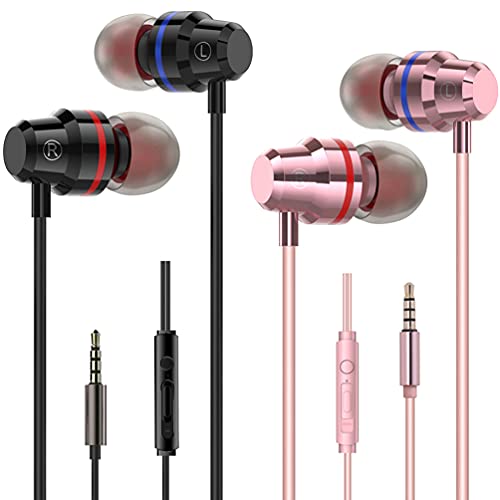 Earbuds Wired with Microphone Headphones Ear Buds,2 Pack Metal Earphones Mic with Volume Control Bass Noise Isolating(Rose Black)