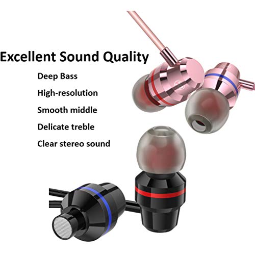 Earbuds Wired with Microphone Headphones Ear Buds,2 Pack Metal Earphones Mic with Volume Control Bass Noise Isolating(Rose Black)