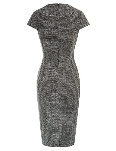 Women's Plaid Pencil Work Dress Cap Sleeve Elegant Tweed Wiggle Dress for Office Medium