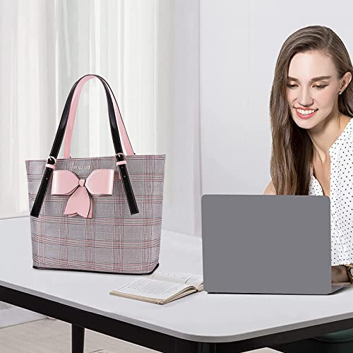 MOSISO Laptop Bag for Women Compatible with MacBook Air/Pro,13-13.3 inch Notebook,Compatible with MacBook Pro 14 inch 2023, PU Leather Large Capacity Travel Briefcase with Bowknot Grid MO-GID001GYPK