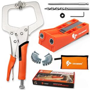 pocket hole jig system kit, pocket screw jig with 11 inch clamp, square driver bit, hex wrench, depth stop collar, step drill bit, coarse square driver screws, all in one for joinery work