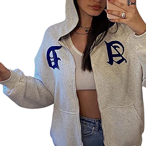 Womens Y2k Skeleton Zip Up Hoodies Rhinestone Graphic Oversized Pullovers Sweatshirt Goth jacket with Pockets(A-gray blue,L)