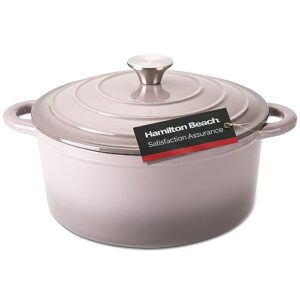 hamilton beach enameled cast iron dutch oven 5.5-quart gray, cream enamel dutch oven pot with lid, cast iron dutch oven with even heat distribution, safe up to 400 degrees, durable