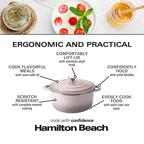 Hamilton Beach Enameled Cast Iron Dutch Oven 5.5-Quart Gray, Cream Enamel Dutch Oven Pot with Lid, Cast Iron Dutch Oven with Even Heat Distribution, Safe Up to 400 Degrees, Durable