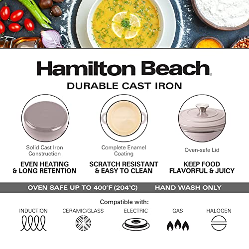 Hamilton Beach Enameled Cast Iron Dutch Oven 5.5-Quart Gray, Cream Enamel Dutch Oven Pot with Lid, Cast Iron Dutch Oven with Even Heat Distribution, Safe Up to 400 Degrees, Durable