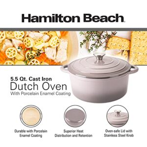 Hamilton Beach Enameled Cast Iron Dutch Oven 5.5-Quart Gray, Cream Enamel Dutch Oven Pot with Lid, Cast Iron Dutch Oven with Even Heat Distribution, Safe Up to 400 Degrees, Durable