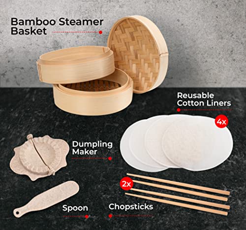 Annie’s Kitchen Complete Set Handmade Bamboo Steamer Baskets, Lid Dumpling Maker with Spoon, 4 Reusable Cotton Liners, 2 sets Chopsticks- For Rice, Vegetables, Fish, Meat, Desserts (8 Inch- 2 Tiers)